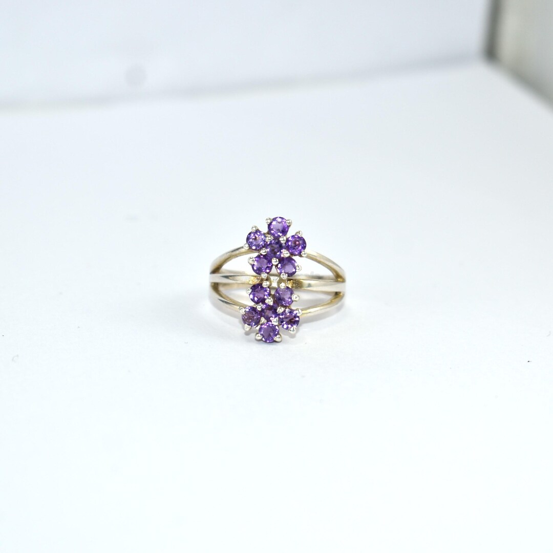 Amethyst Flower Cluster Silver Ring | Double Floral Design Gemstone ...