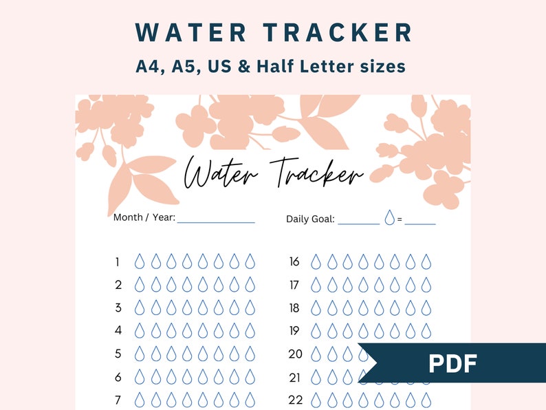 Water Tracker Botanical Design,pdf Water Tracker Printable, Monthly ...