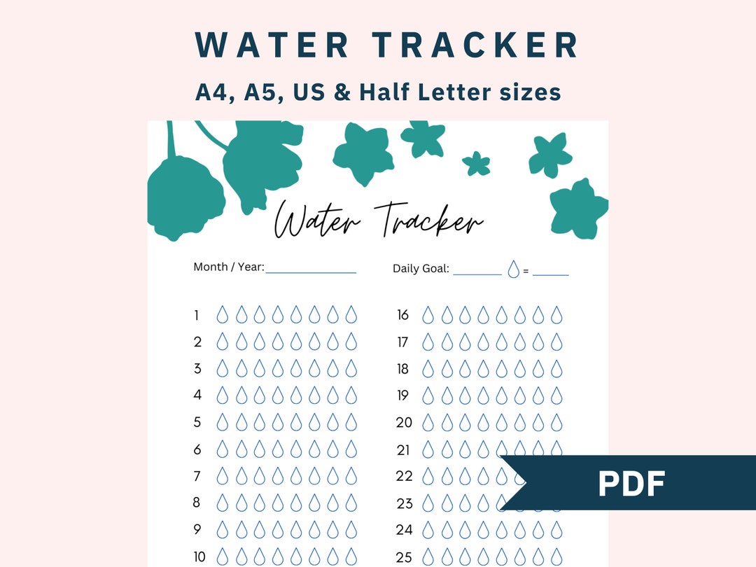 Bright Botanical Water Tracker,pdf Water Tracker Printable, Monthly ...