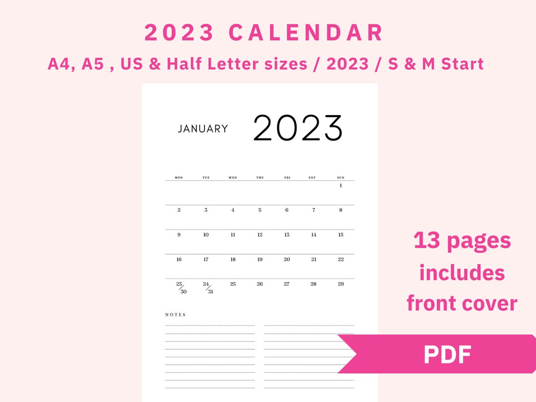 2023 Printable 2023 Calendar, Minimalist Style Monthly Calendar 2023 A4 ...