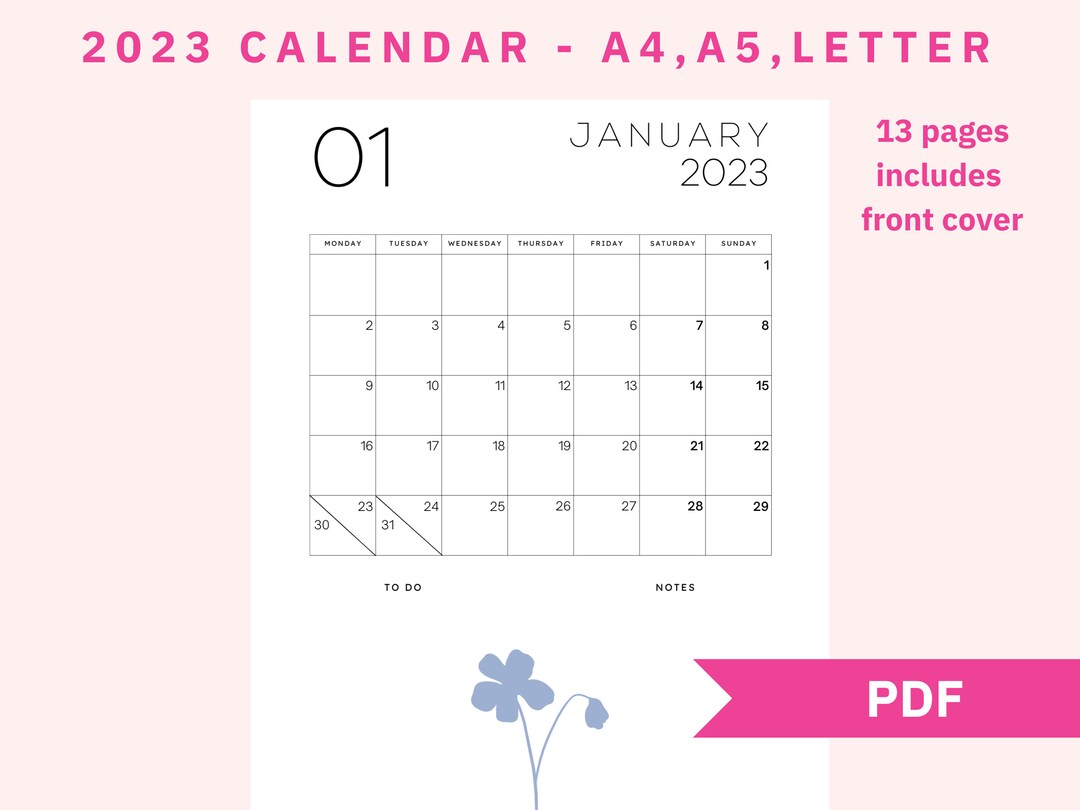 2023 Printable Calendar Portrait, Minimalist Flower Monthly Calendar ...