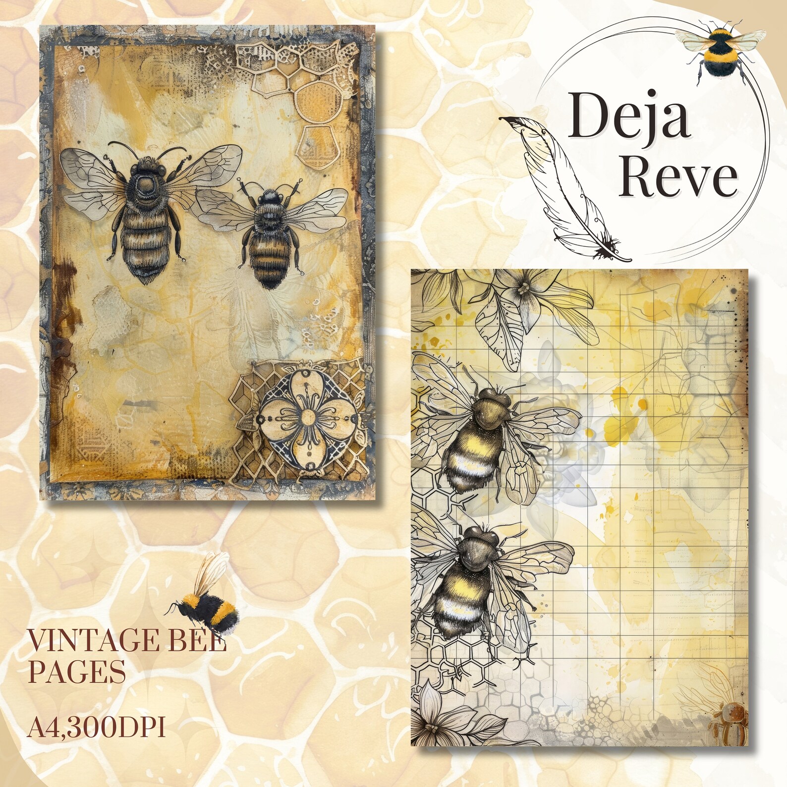 Vintage Bee Pages A4, Collage Bee Sheet, Textured Digital Paper, Shabby ...