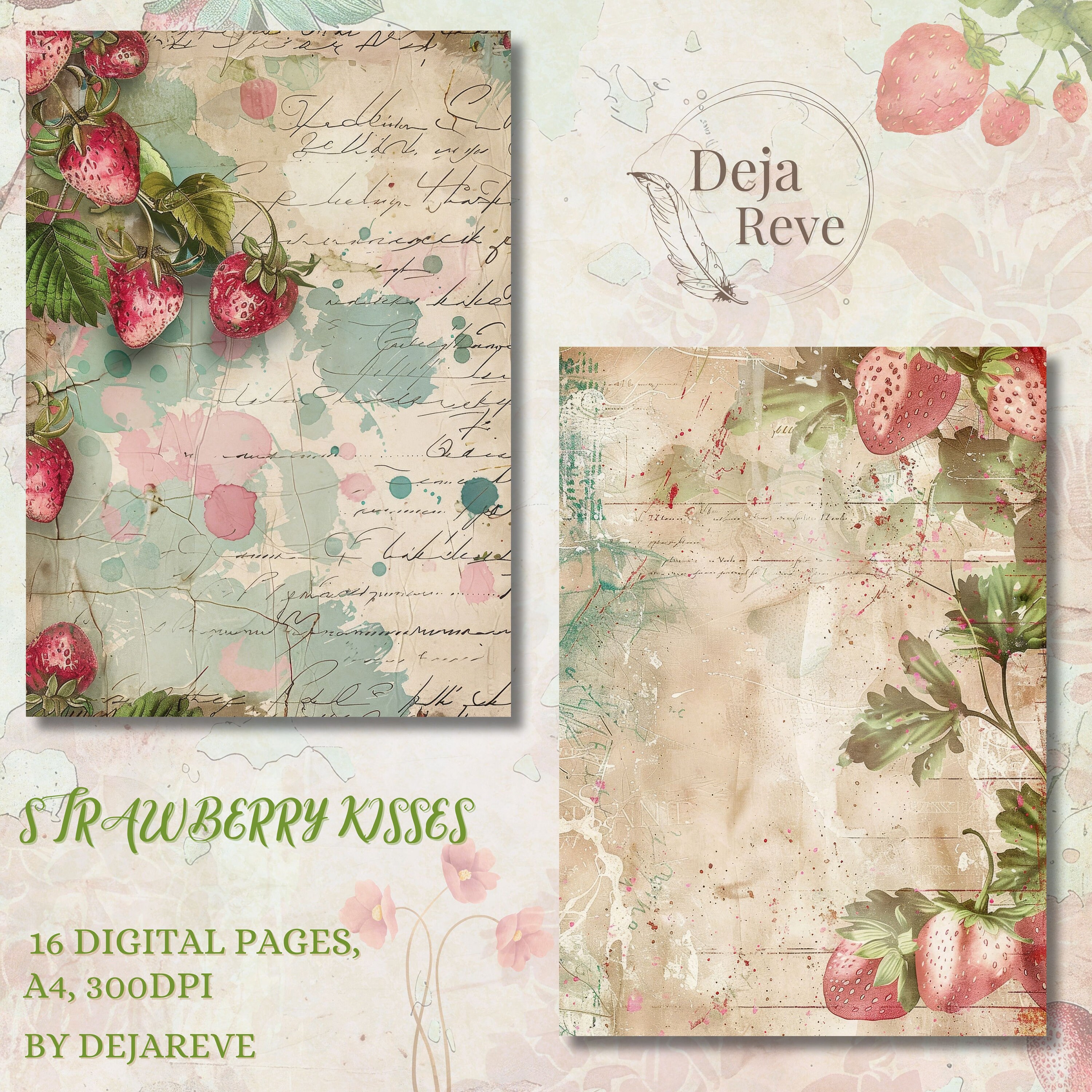 Strawberry Kisses Digital Paper: Vintage Pastel A4 Printable (PDF) - Etsy