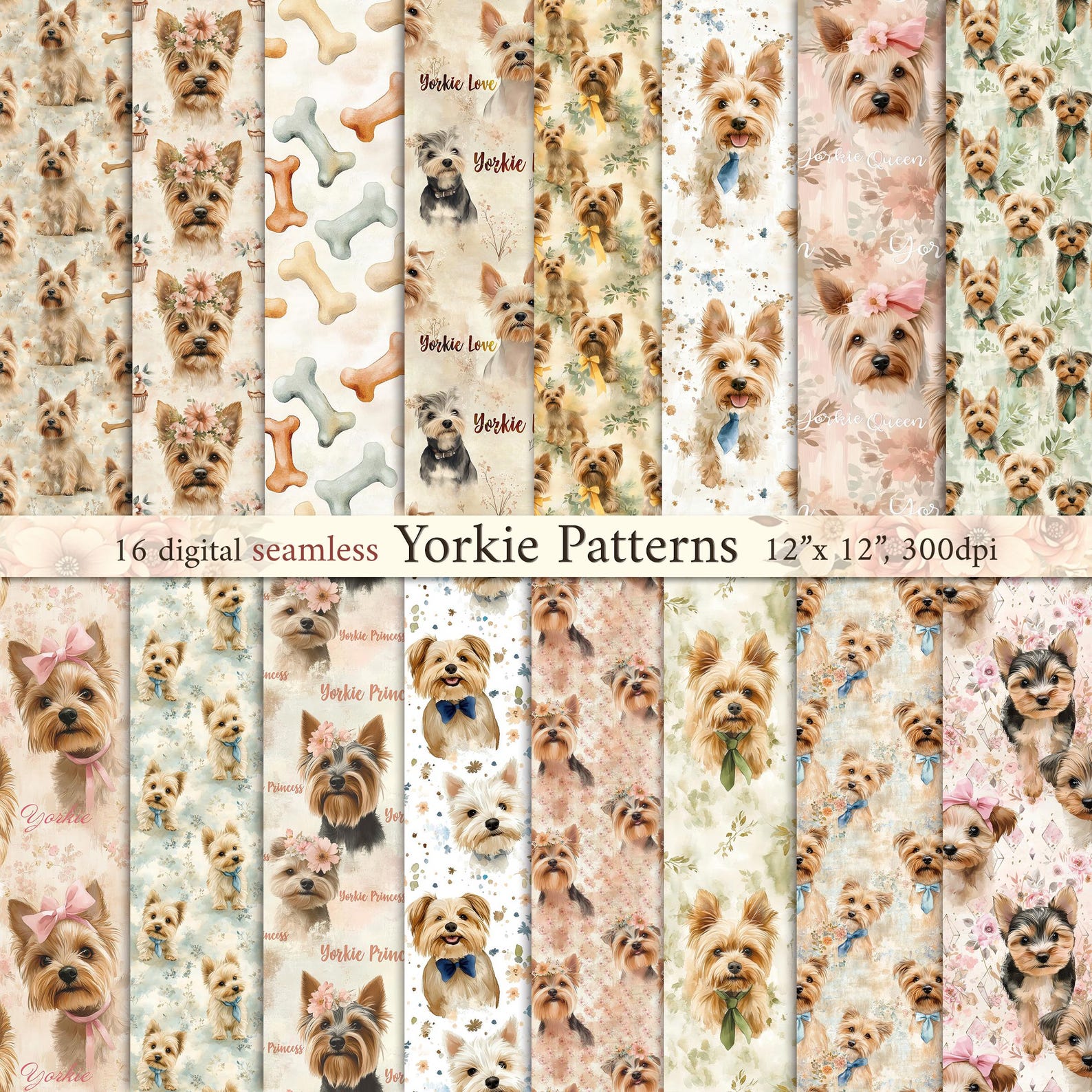 Yorkie Seamless Patterns: Puppy Print Digital Paper (16 JPG) - Etsy