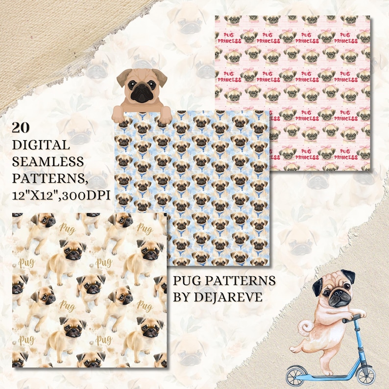 Pug Seamless Patterns: Puppy Digital Paper (12x12, 300 DPI) - Etsy