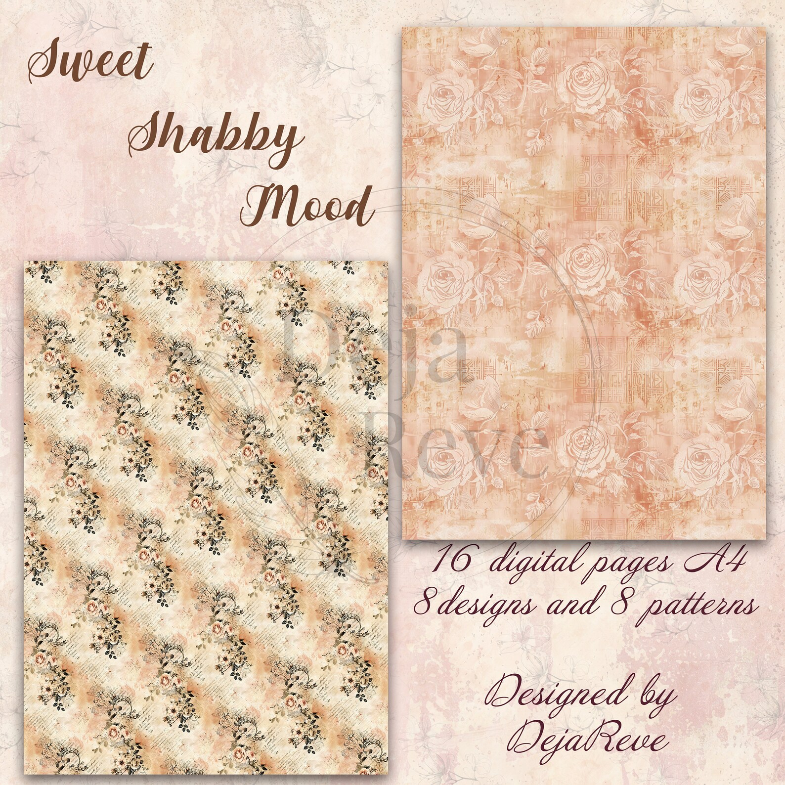 Peach Floral Junk Journal Paper: Shabby Chic Printable Pages (digital ...
