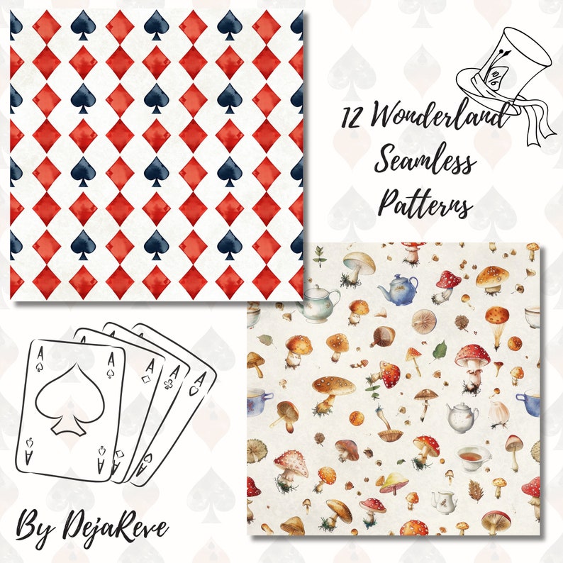 Wonderland Seamless Patterns, Digital Pages, Alice in Wonderland ...