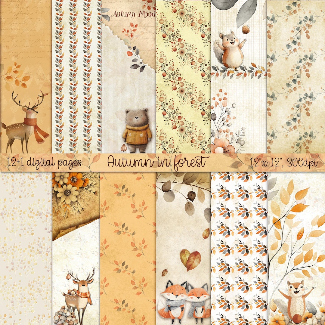 Autumn Forest Scrapbook Paper: Watercolor Animals (digital Download) - Etsy
