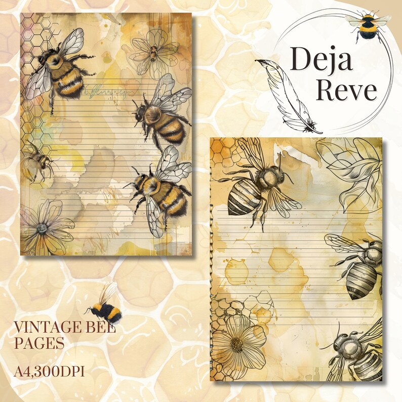 Vintage Bee Pages A4, Collage Bee Sheet, Textured Digital Paper, Shabby ...