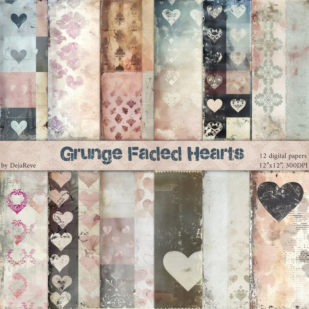 Grunge Faded Hearts Paper Pack: Shabby Chic Collage (digital Download ...