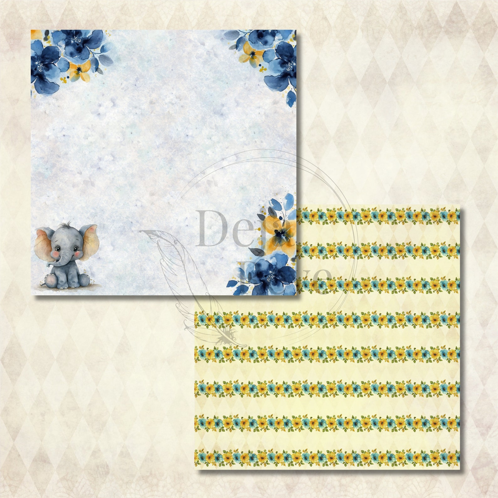 Watercolor Elephant Scrapbook Paper: Baby Shower Backgrounds (digital ...