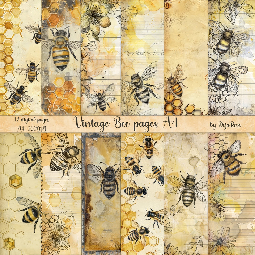 Vintage Bee Pages A4, Collage Bee Sheet, Textured Digital Paper, Shabby ...