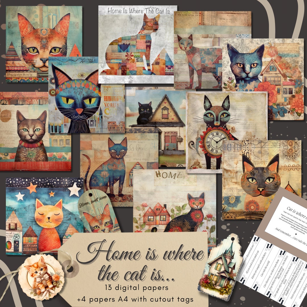 Cat Junk Journal Kit: Vintage Illustrations, Scrapbook Paper (digital ...