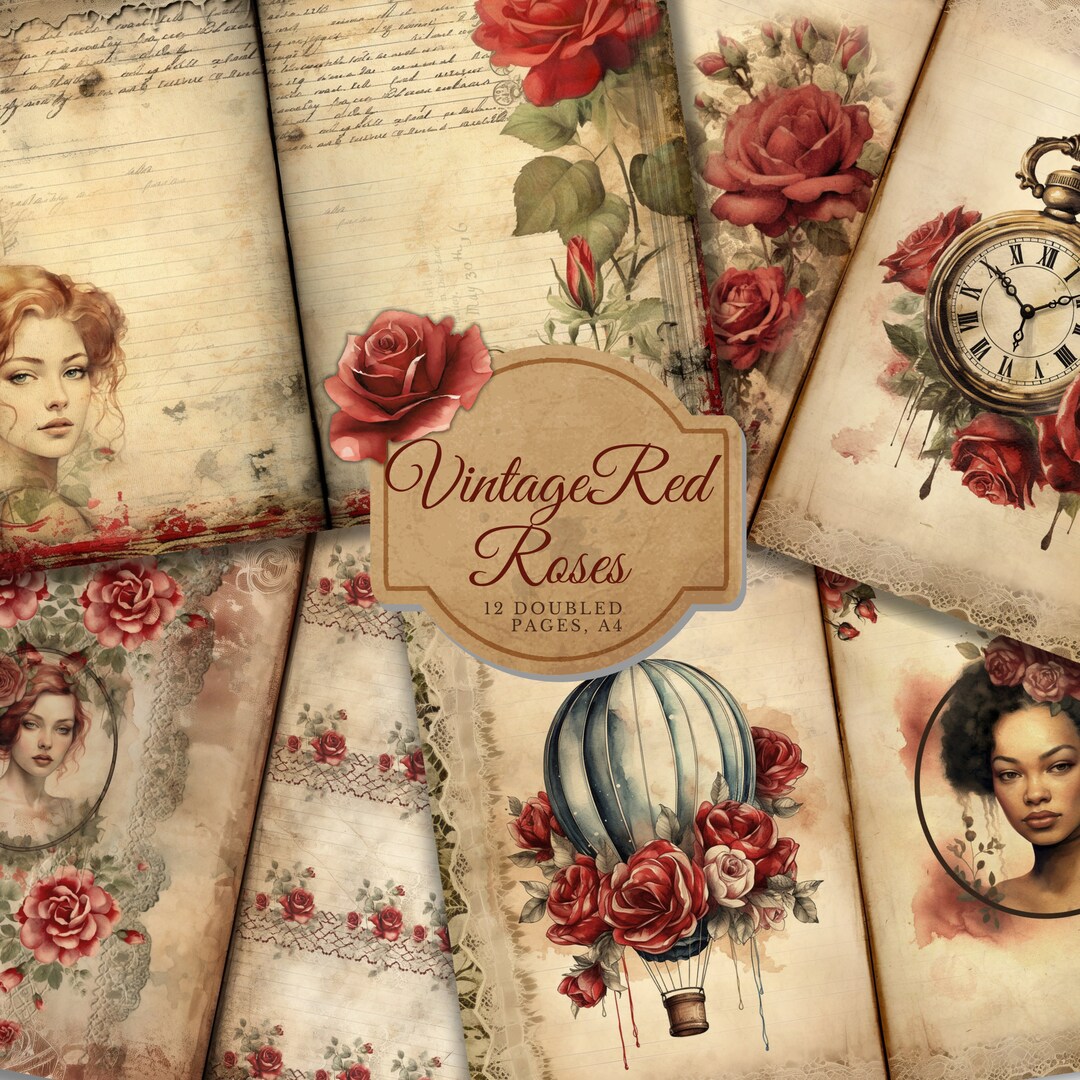 Vintage Red Roses, Double Junk Journal Digital Pages, Floral Printable ...