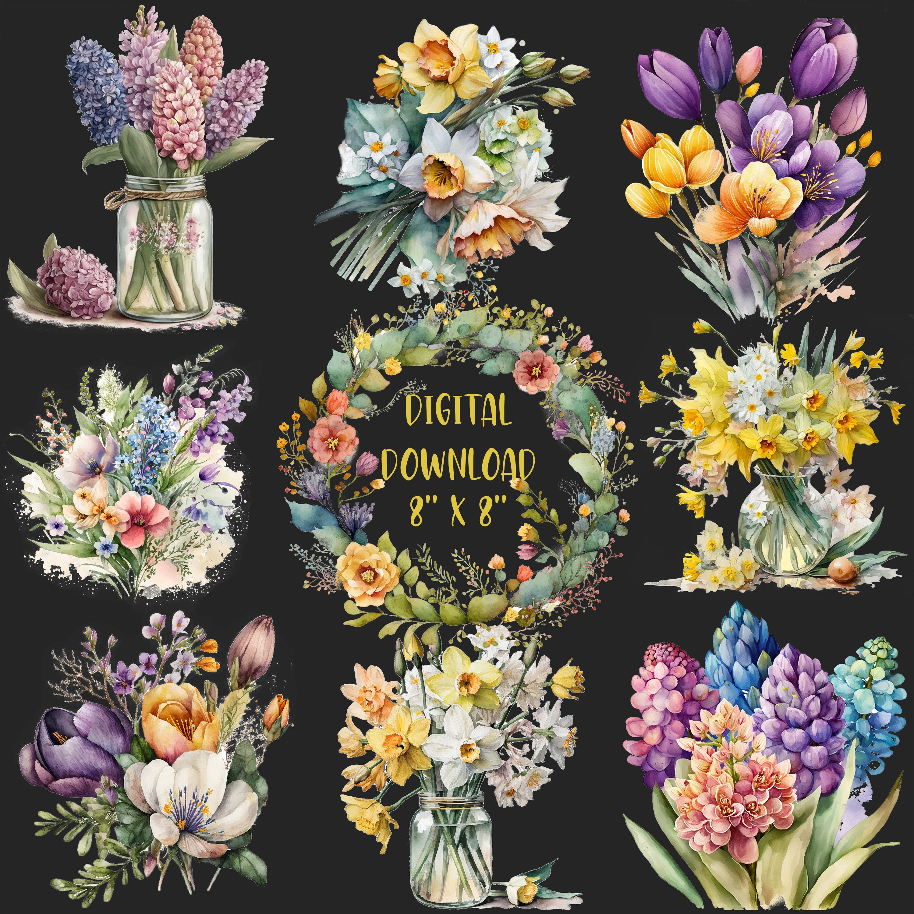 Spring Flowers PNG, Watercolor Floral Clipart Bouquets, Commercial Use ...