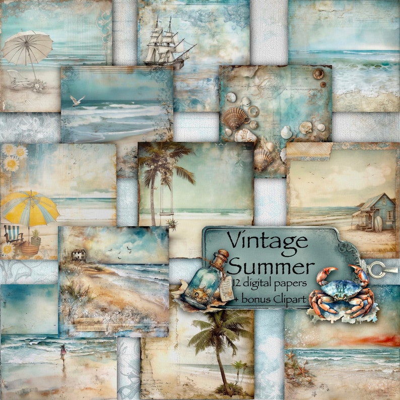Vintage Summer Beach Scrapbook Paper: Printable Junk Journal (digital ...