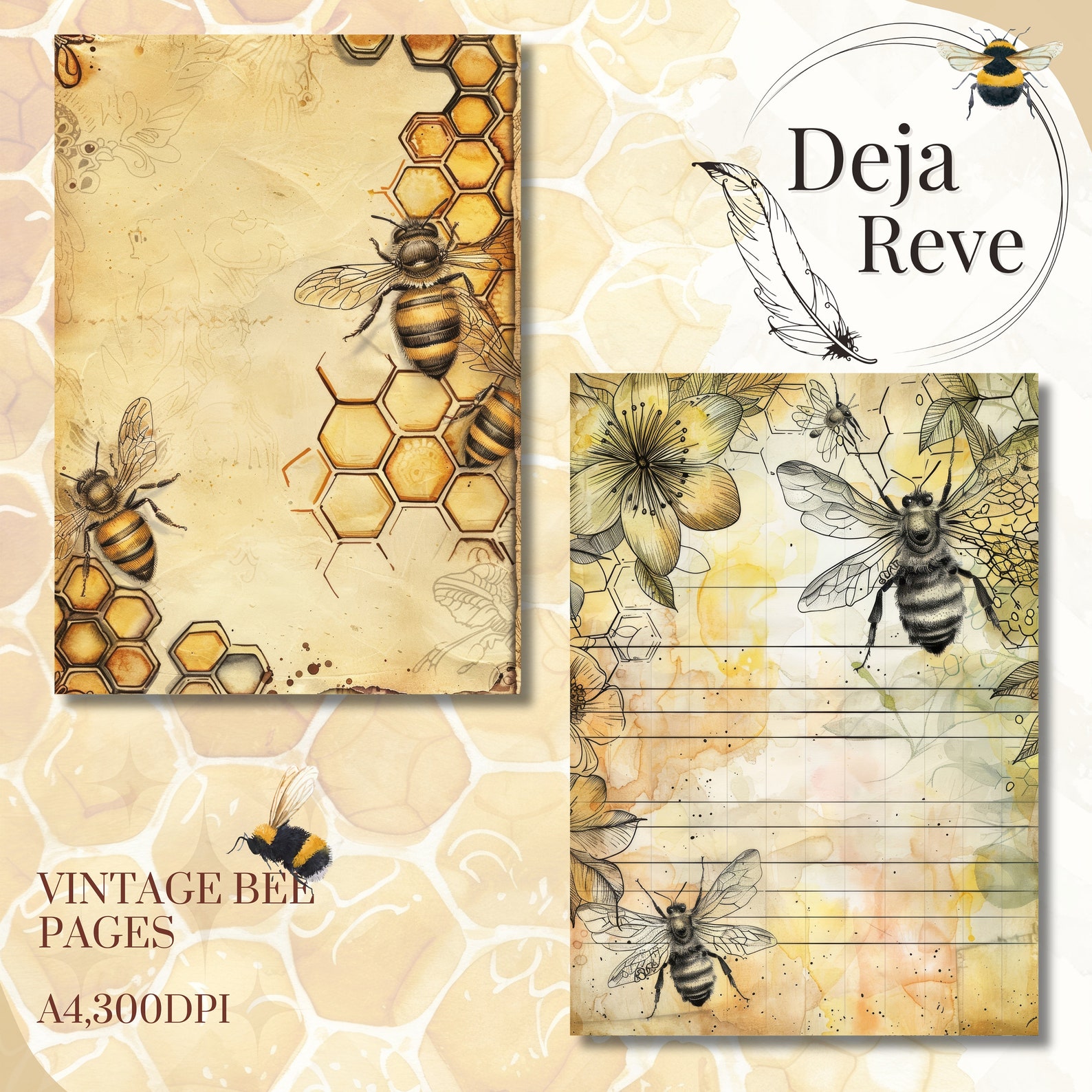 Vintage Bee Pages A4, Collage Bee Sheet, Textured Digital Paper, Shabby ...