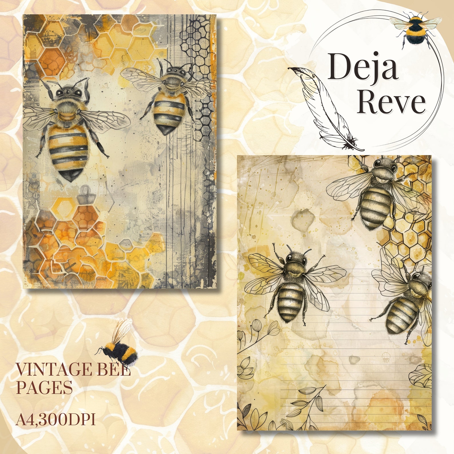 Vintage Bee Pages A4, Collage Bee Sheet, Textured Digital Paper, Shabby ...