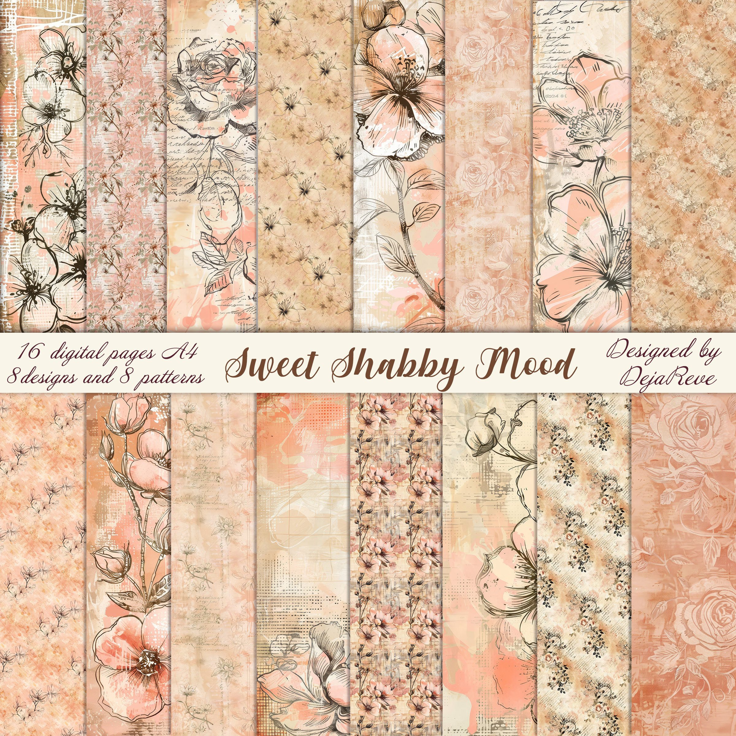 Peach Floral Junk Journal Paper: Shabby Chic Printable Pages (digital ...