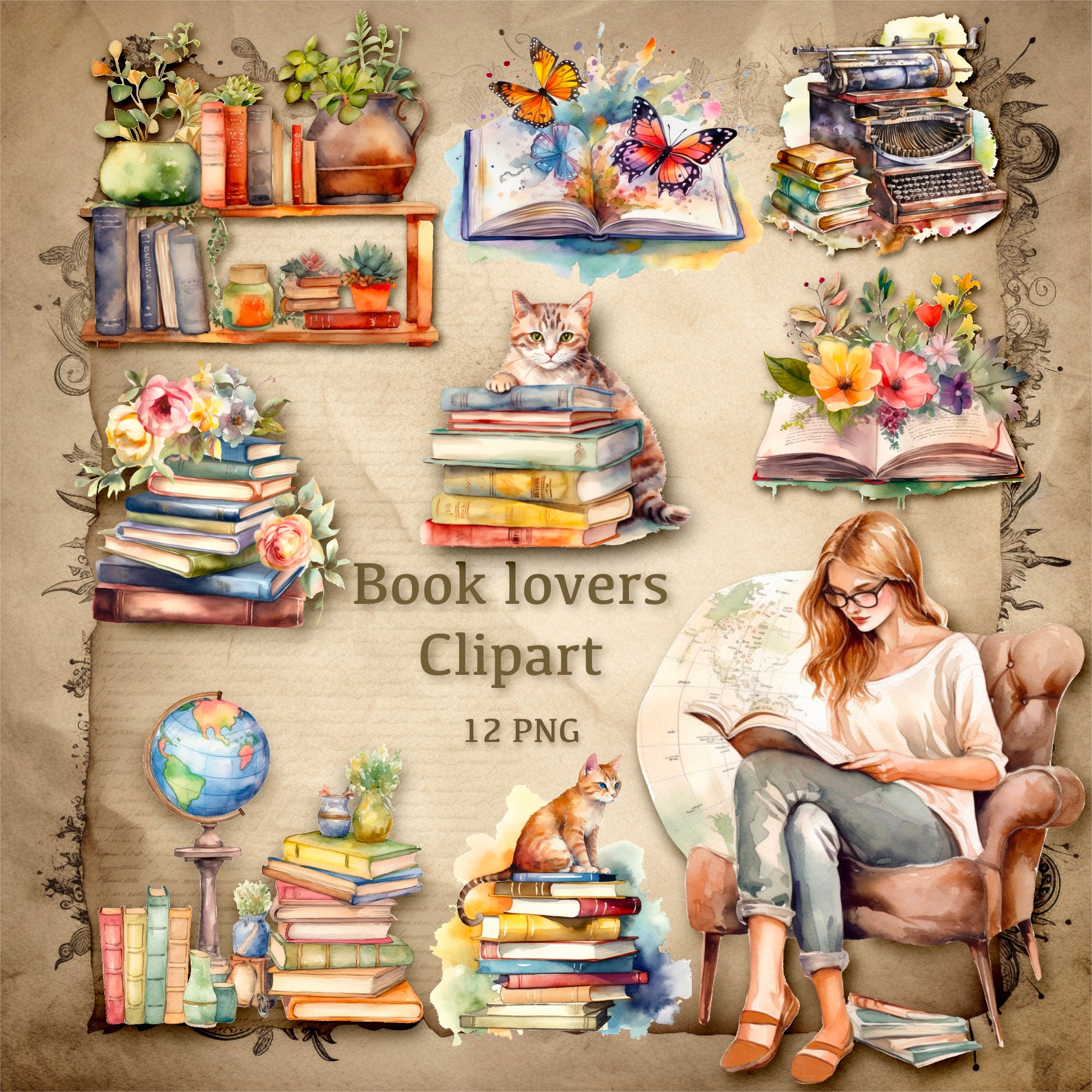 Cozy Book Lover Clipart, Planner Digital Kit, Watercolour Illustrations ...