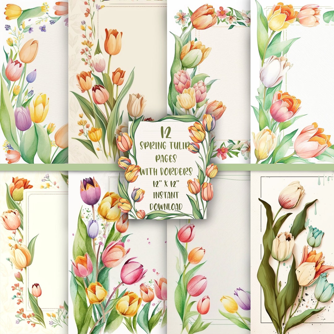 12 Watercolor Spring Pages With Tulip Borders, Scrapbook Digital Pages ...