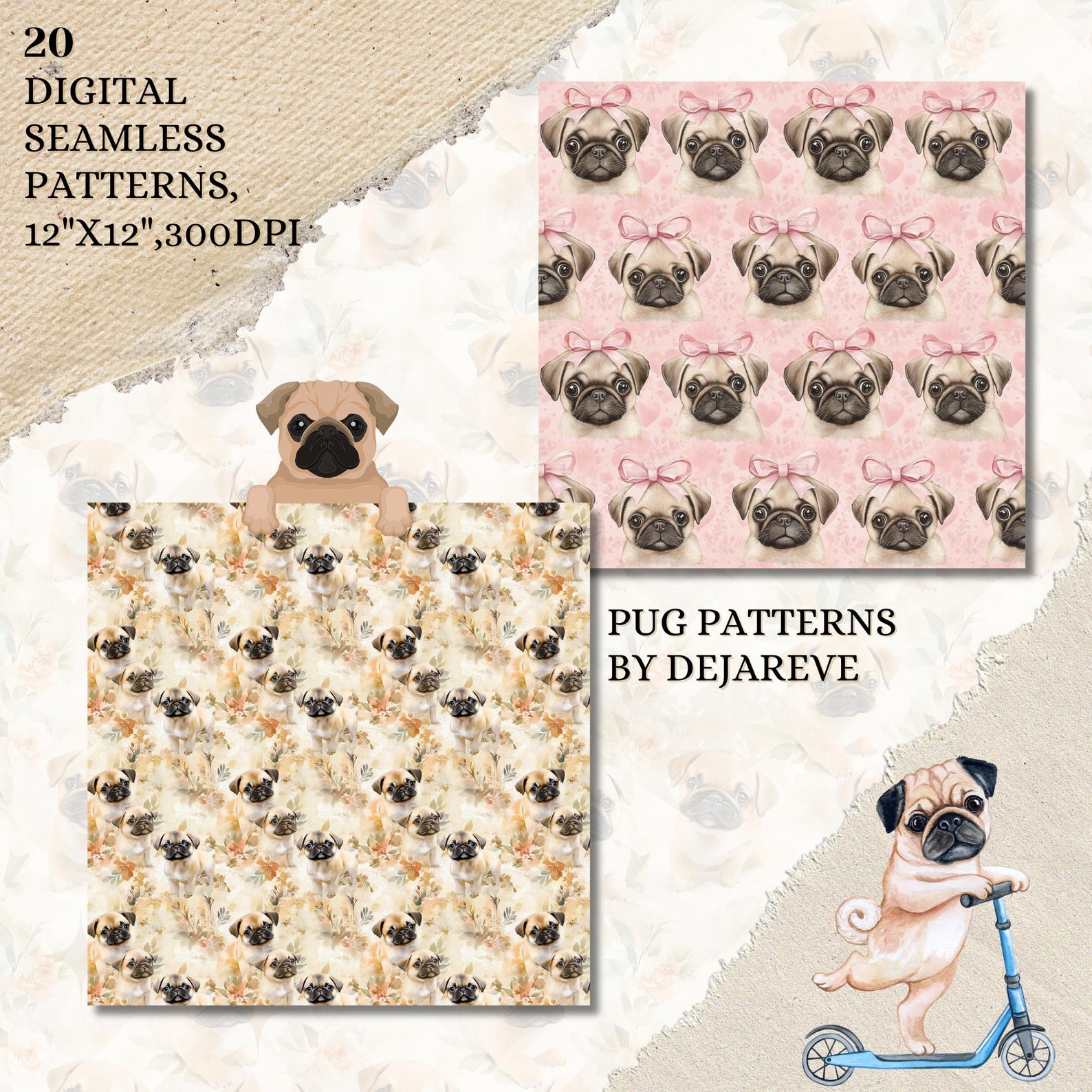 Pug Seamless Patterns: Puppy Digital Paper (12x12, 300 DPI) - Etsy