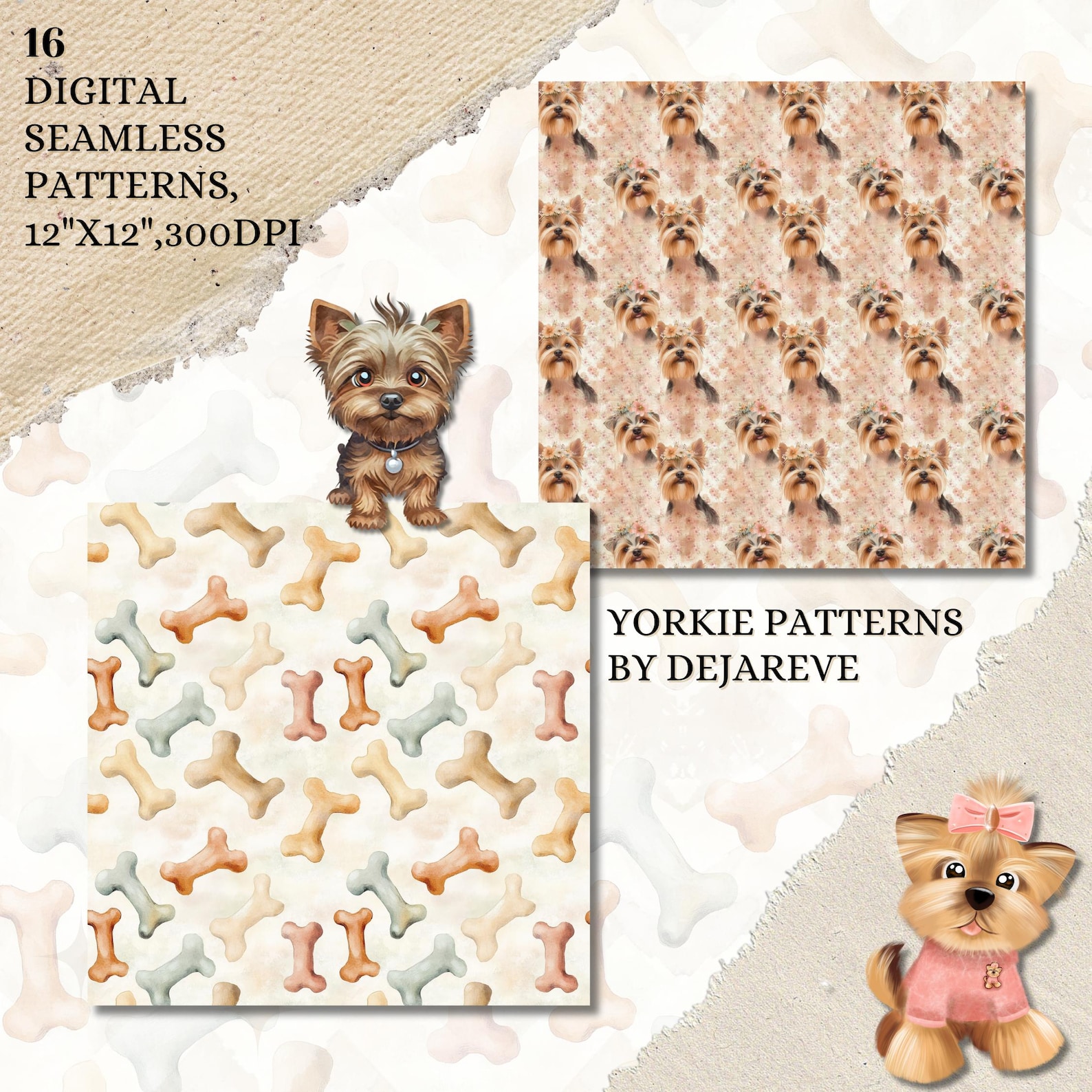 Yorkie Seamless Patterns: Puppy Print Digital Paper (16 JPG) - Etsy