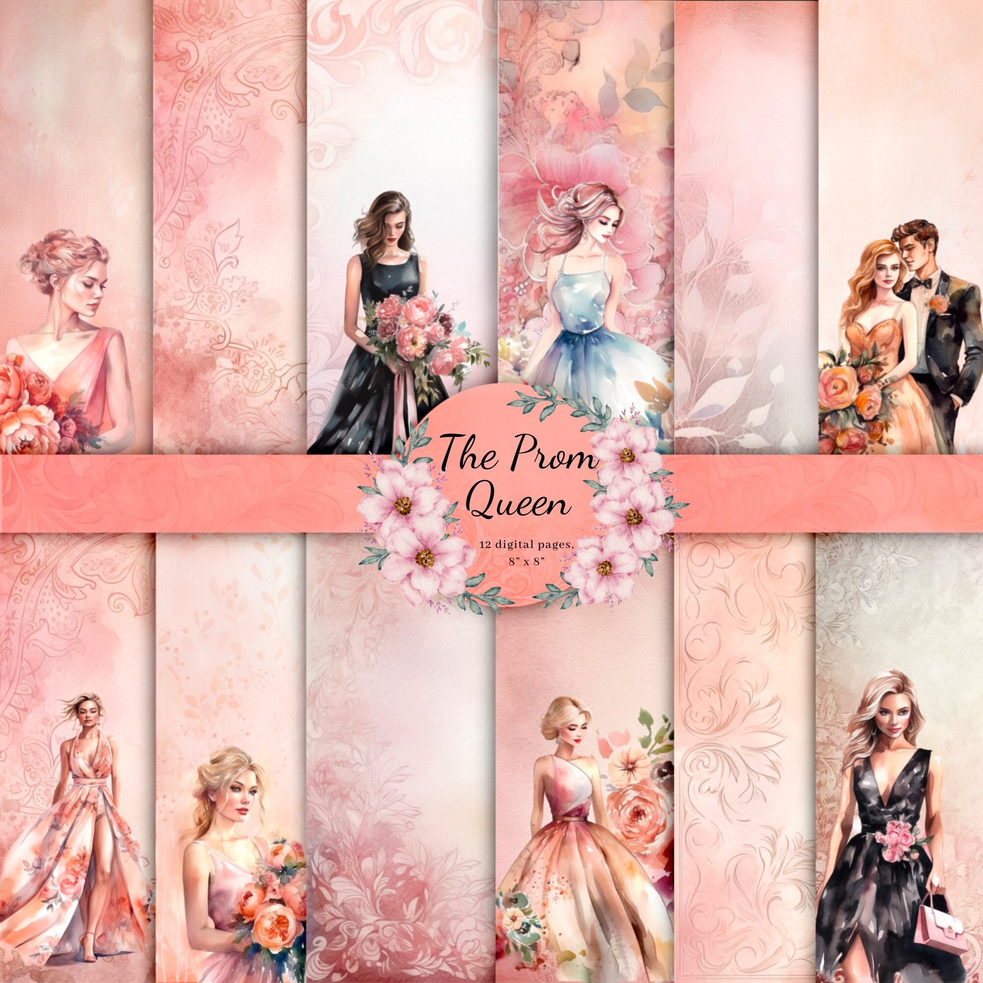 The Prom Queen, Gentle Pink Digital Sheets, Elegant Scrapbook Papers - Etsy