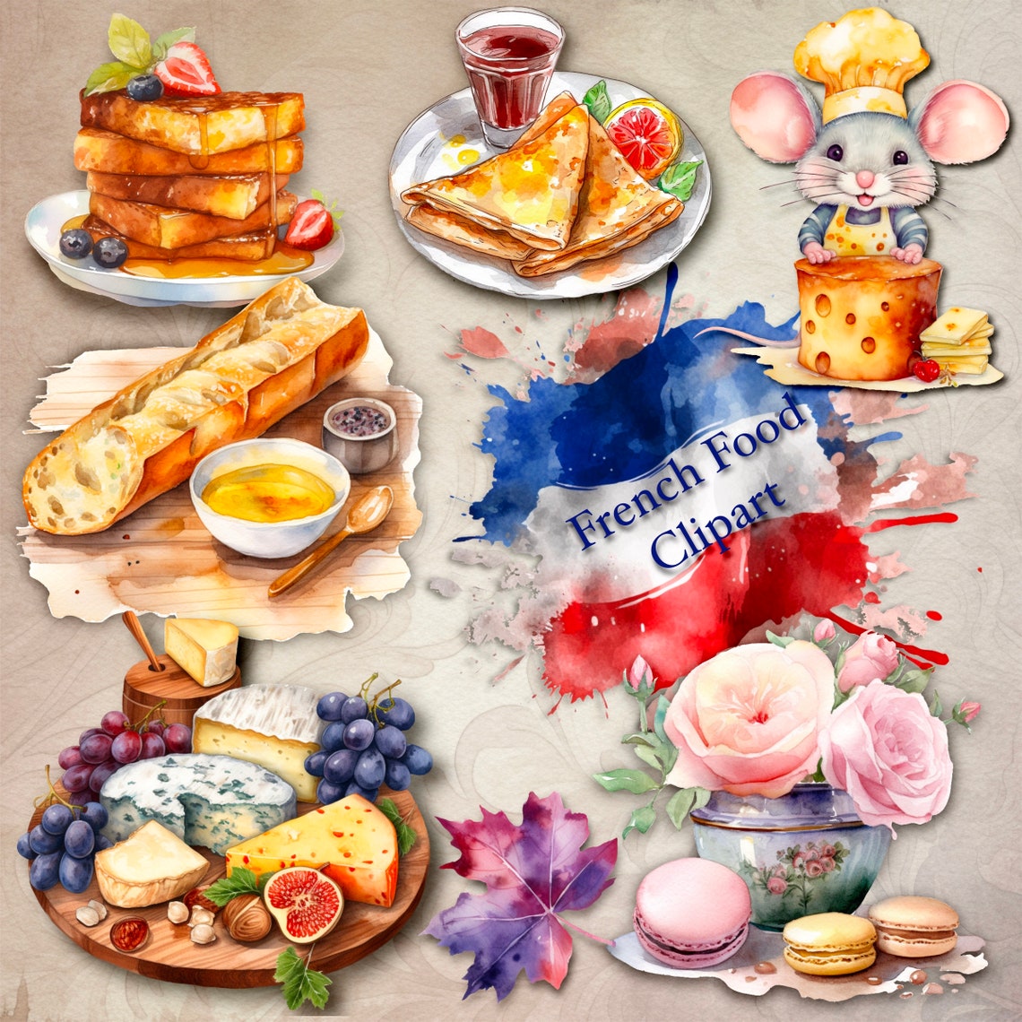 French Food Clipart, Scrapbook Clipart, Watercolour Illustration of ...