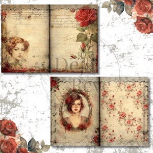 Vintage Red Roses, Double Junk Journal Digital Pages, Floral Printable ...