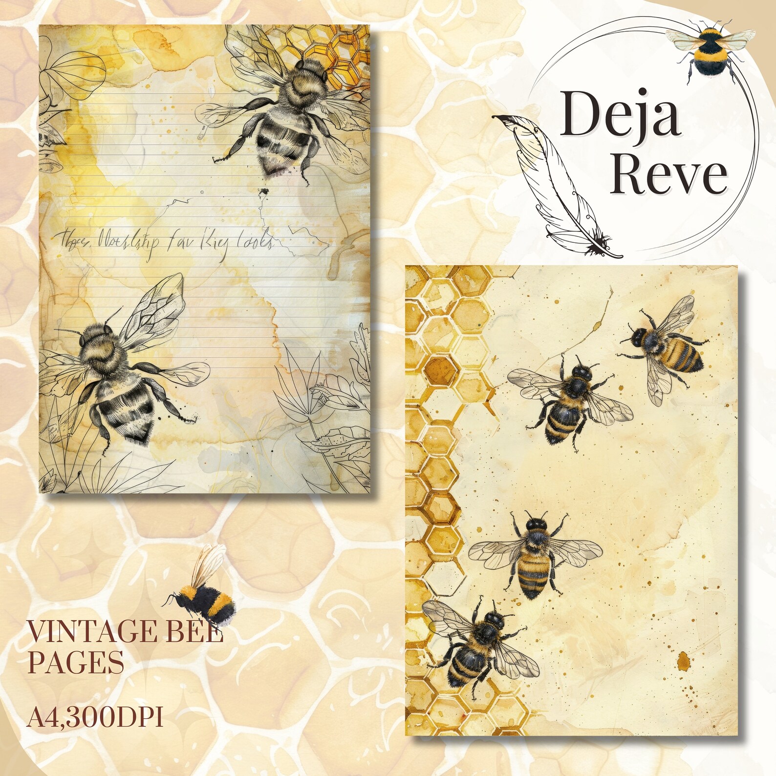 Vintage Bee Pages A4, Collage Bee Sheet, Textured Digital Paper, Shabby ...