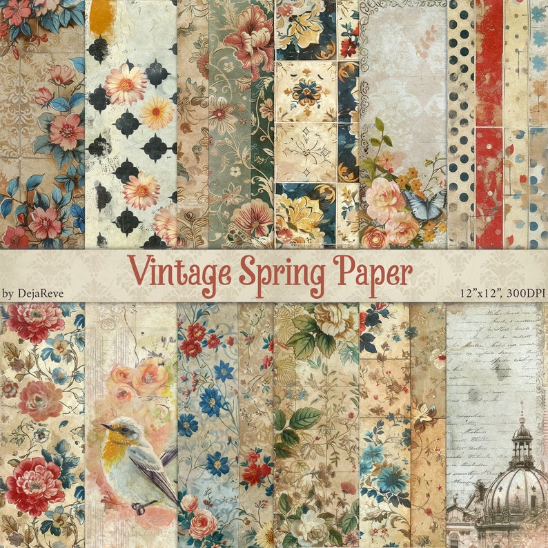 Vintage Spring Paper, Shabby Chic Scrapbook Pads, Grunge Sheets ...