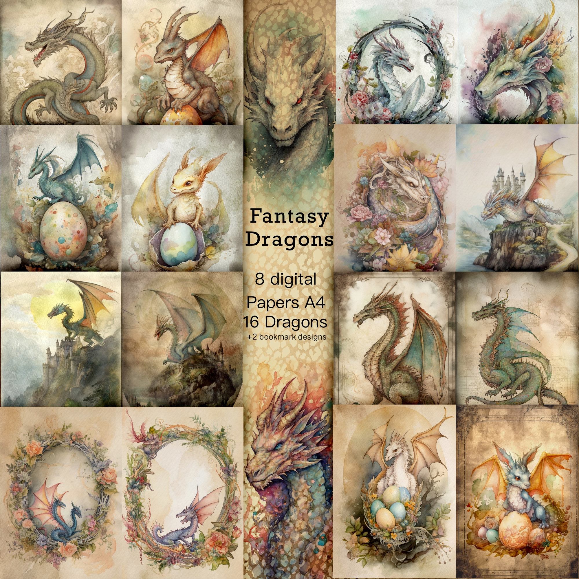 Vintage Fantasy Dragons, Retro Digital Paper, Sheets for DIY Stationery ...
