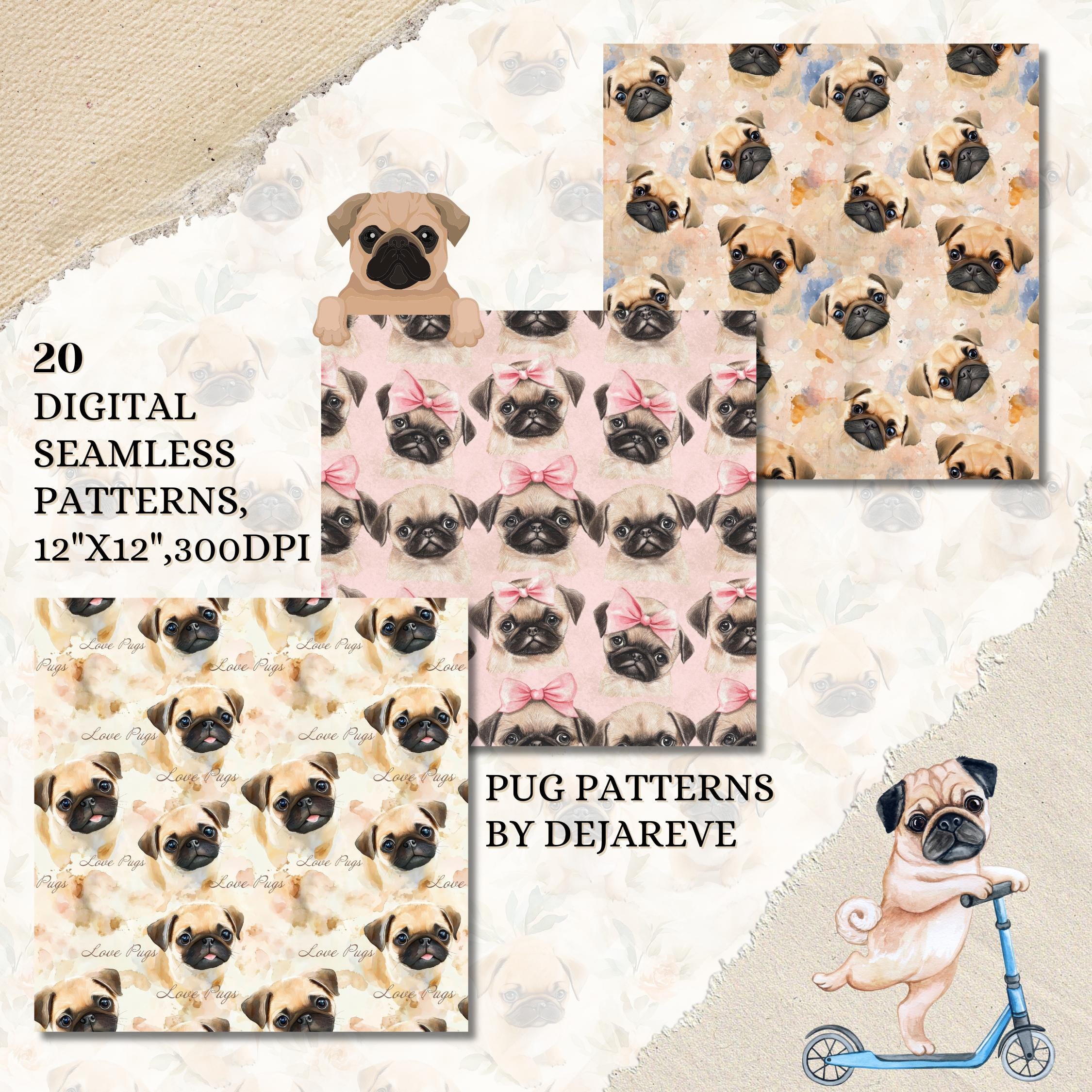 Pug Seamless Patterns: Puppy Digital Paper (12x12, 300 DPI) - Etsy
