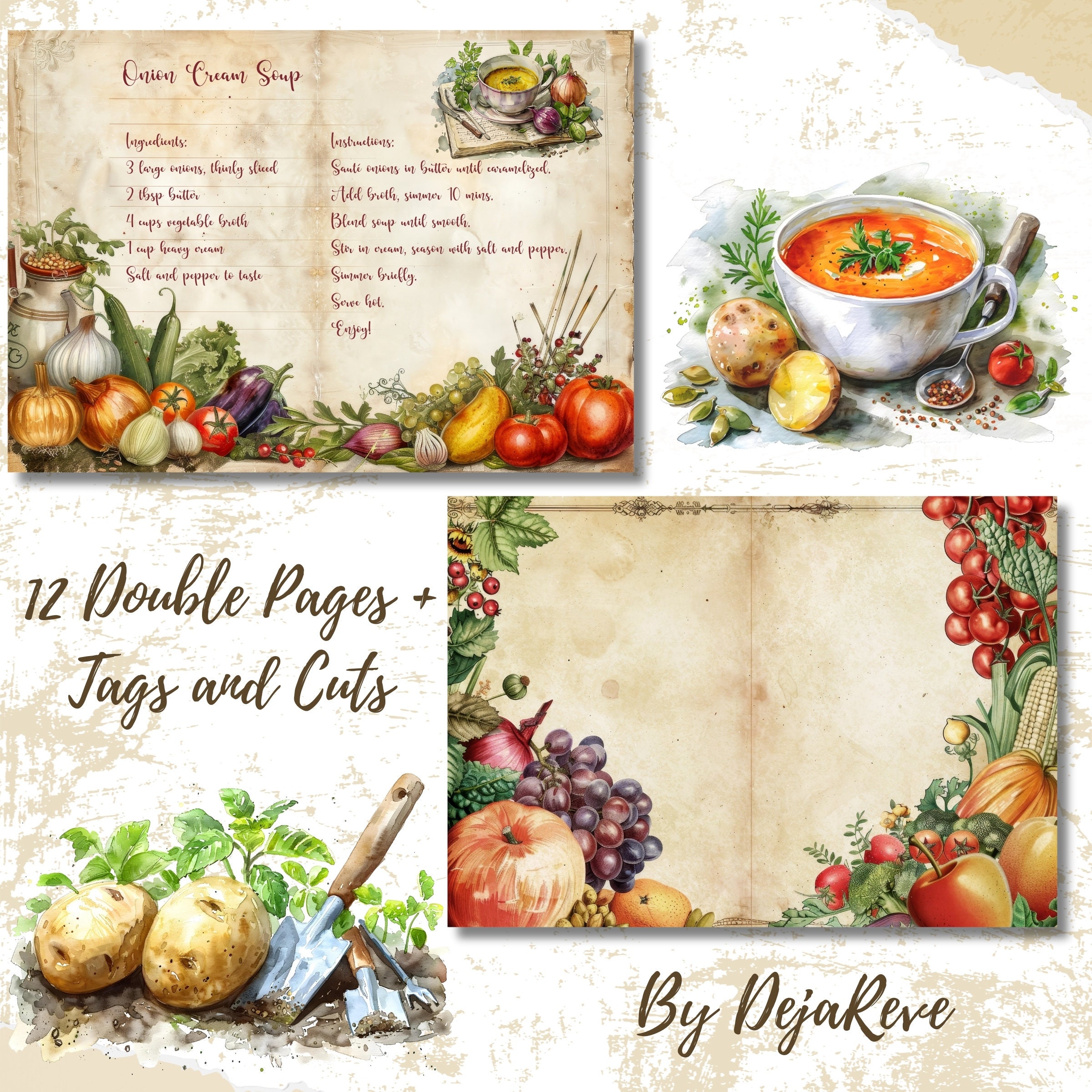 Vintage Veggie Junk Pages, Double Junk Journal Digital Papers, Food ...