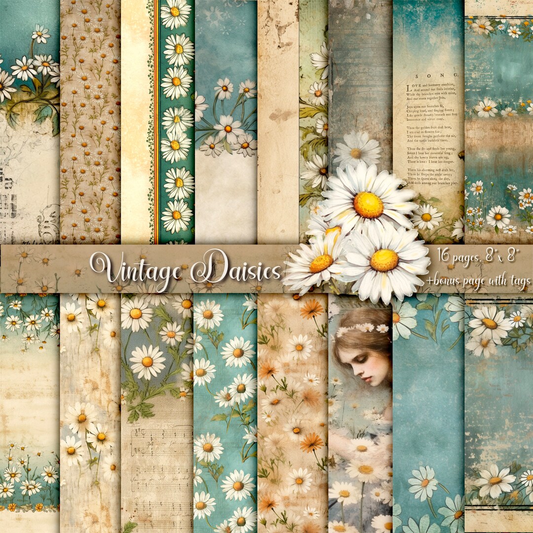 Vintage Daisy Junk Journal Pages: Floral Scrapbook Paper (digital ...