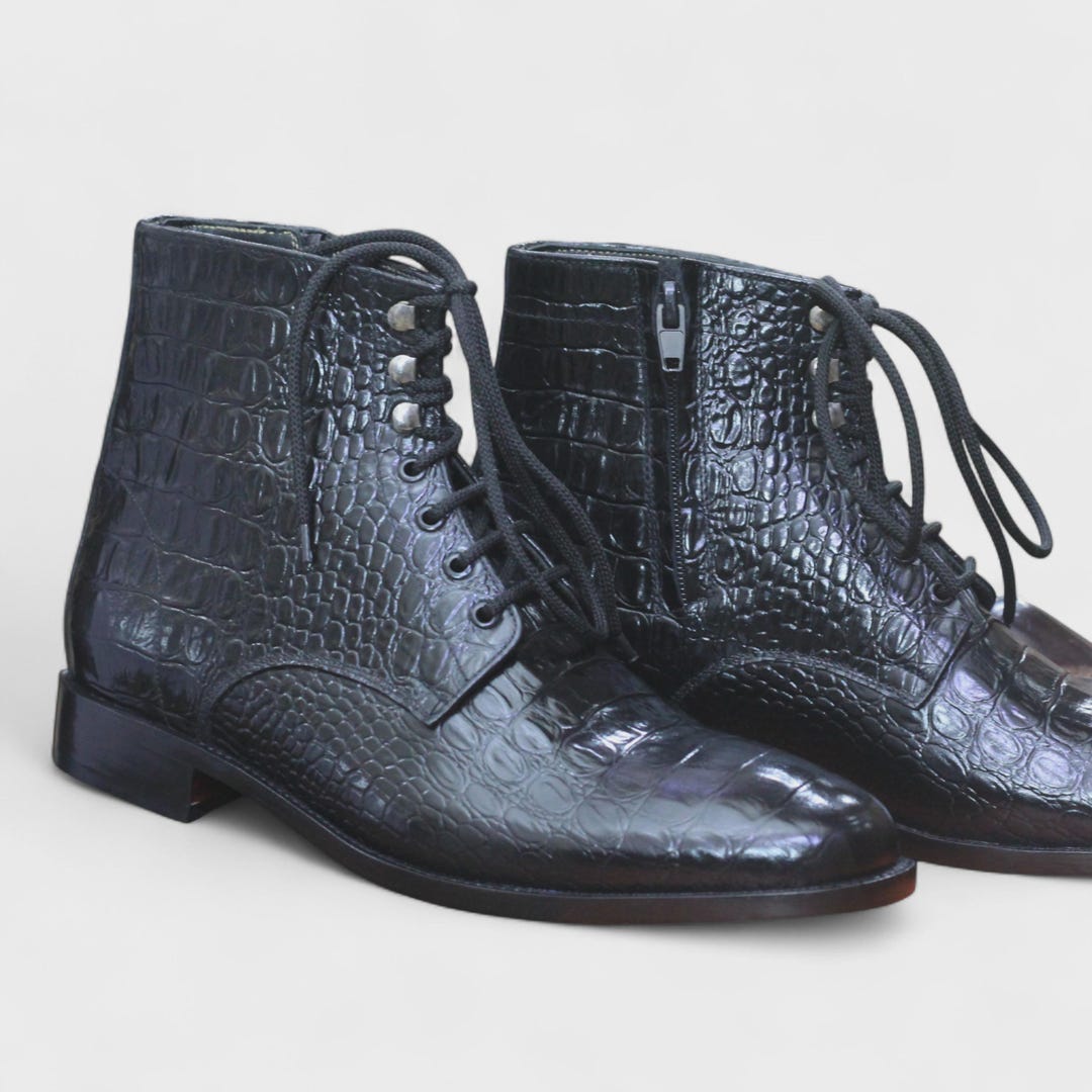 Handmade Alligator Textured Genuine Cow-hide Leather Lace up Boots for ...