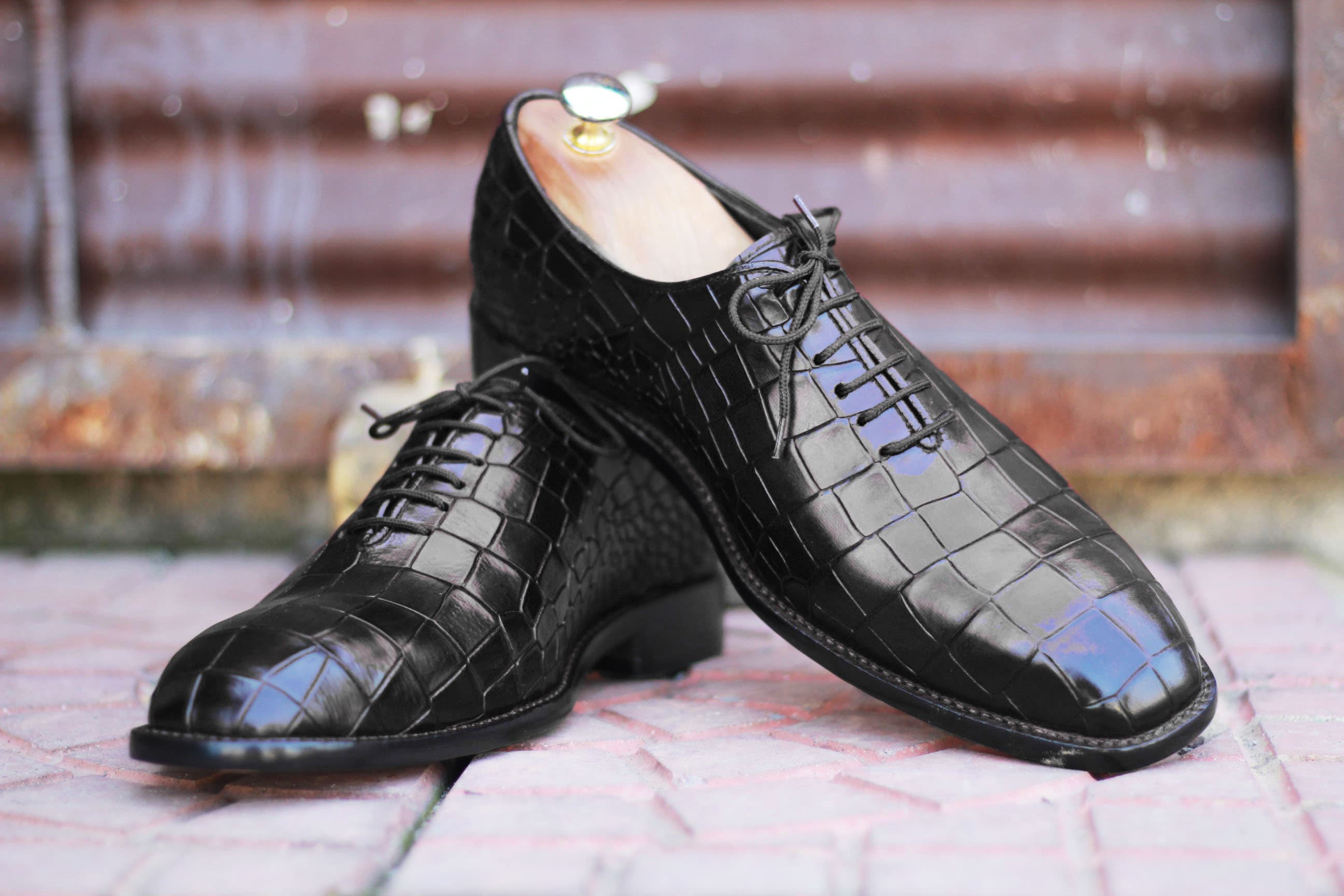 Handmade Men's Alligator Dress Shoies Leather Whole Cut Lace up Dress ...