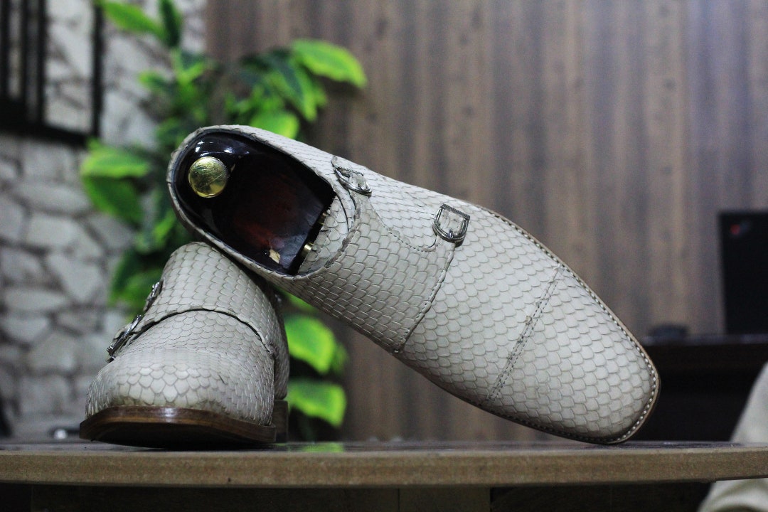 Handmade Double Monk Strap Fish Skin Textured Genuine Cow-hide Leather ...
