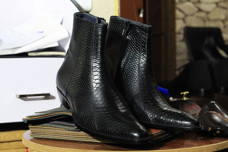 Handmade Python Textured Genuine Cow-hide Leather Zipper Long Boots for ...