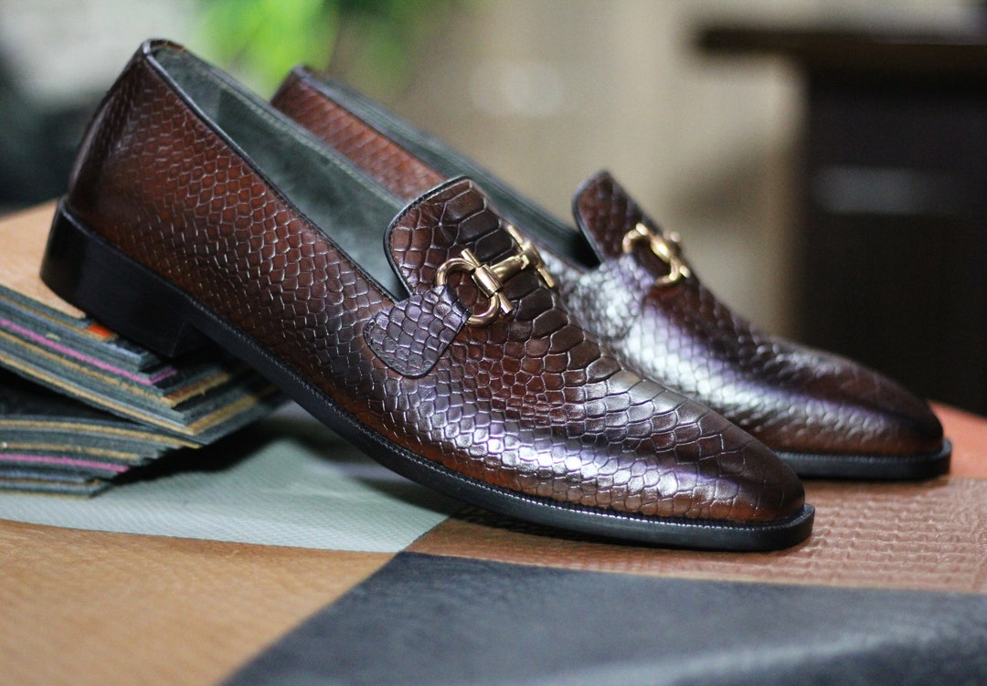 Handmade Python Textured Genuine Cow-hide Leather Buckle Loafers for ...