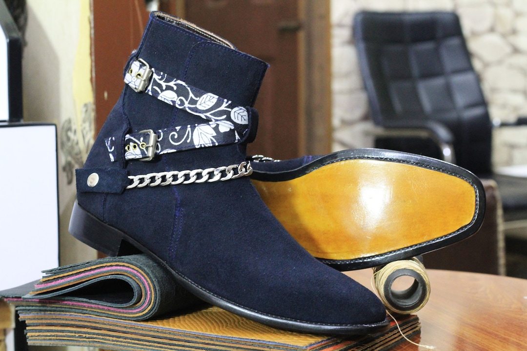 Handmade Genuine Suede Leather Chain Strap Ankle High Boots for Men ...