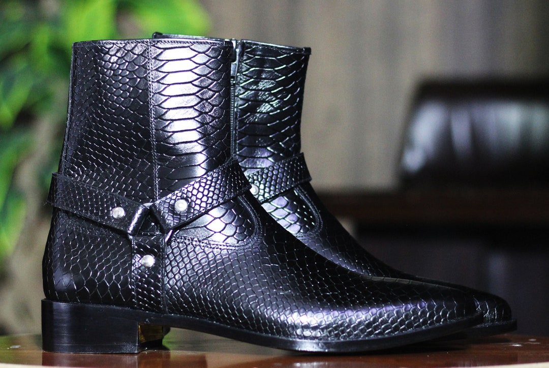 Handmade Python Textured Genuine Cow-hide Leather Buckle Long Boots for ...