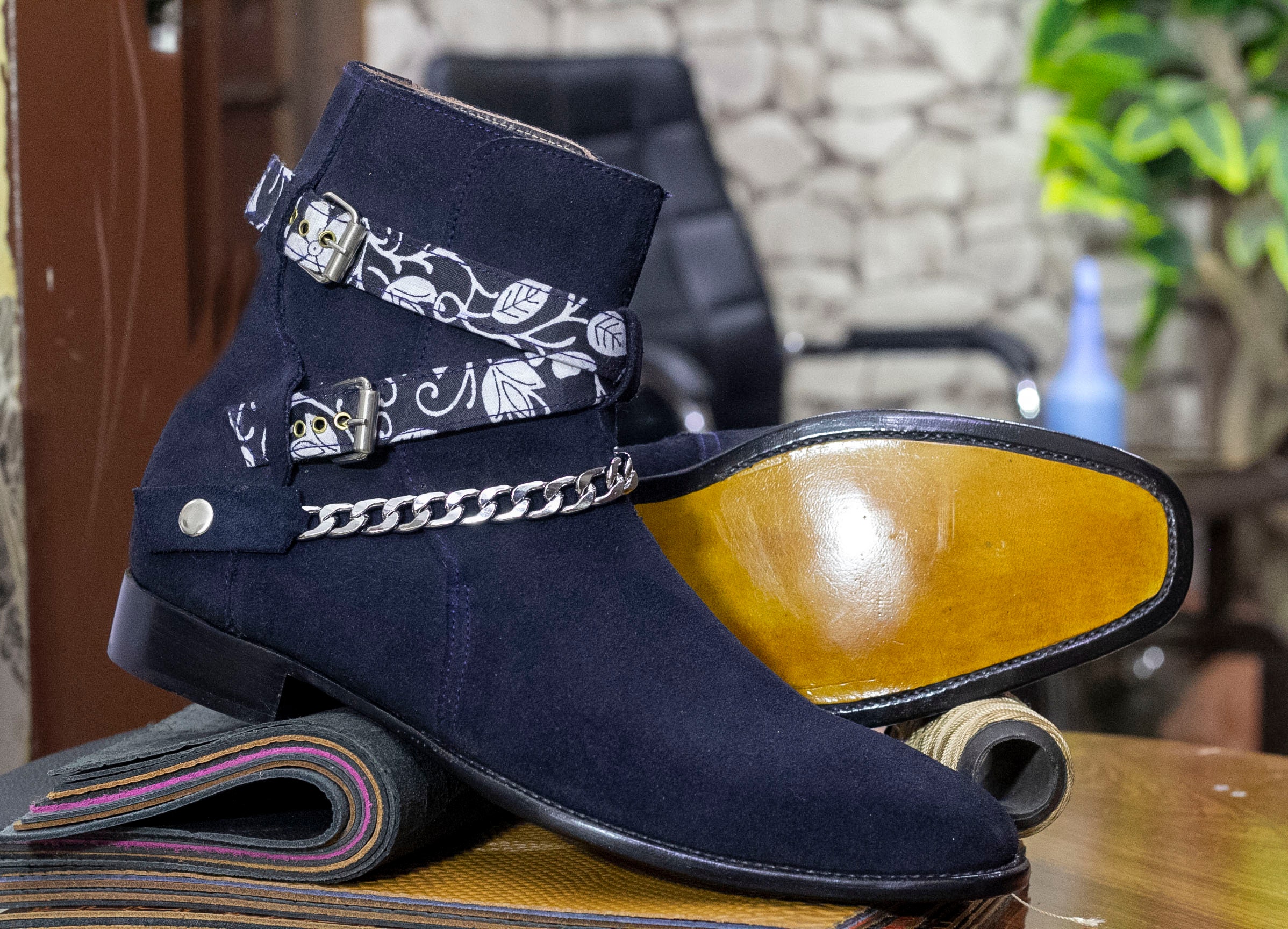 Handmade Genuine Suede Leather Chain Strap Ankle High Boots for Men ...