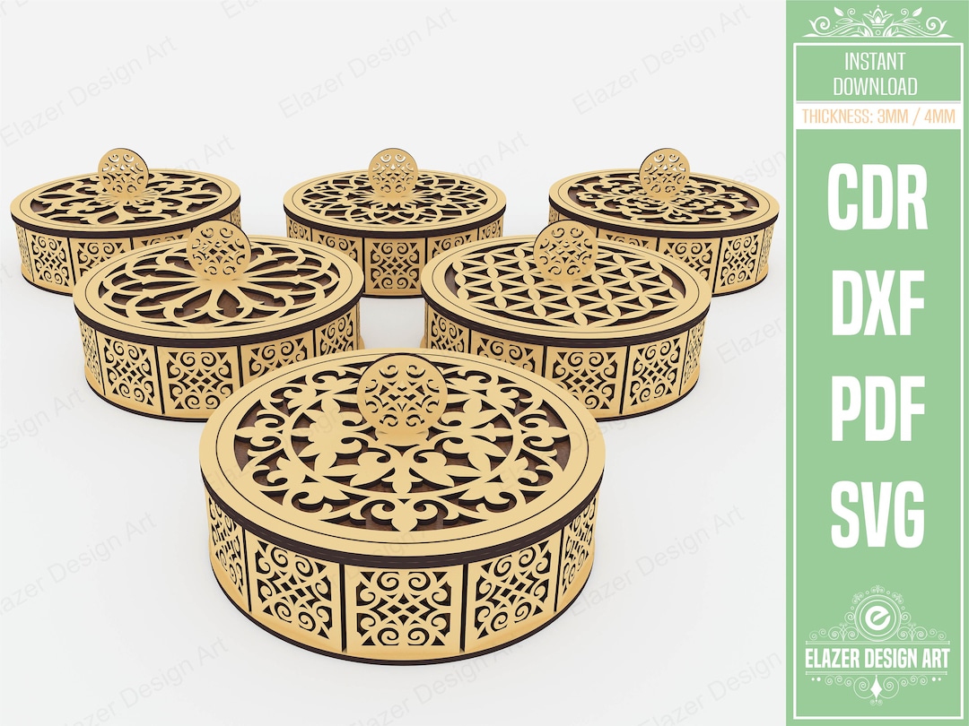 6 Different Patterned Decorative Round Box Laser Cut Svg Files, Laser ...