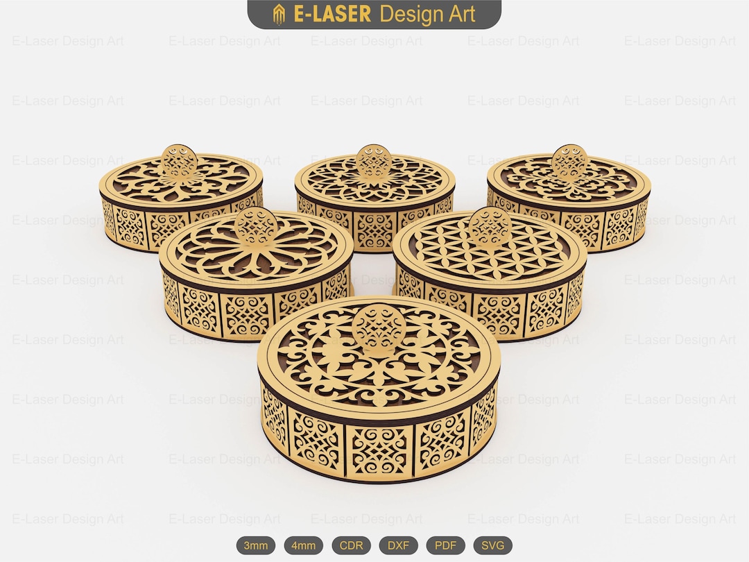 6 Different Patterned Decorative Round Box Laser Cut Svg Files, Laser ...