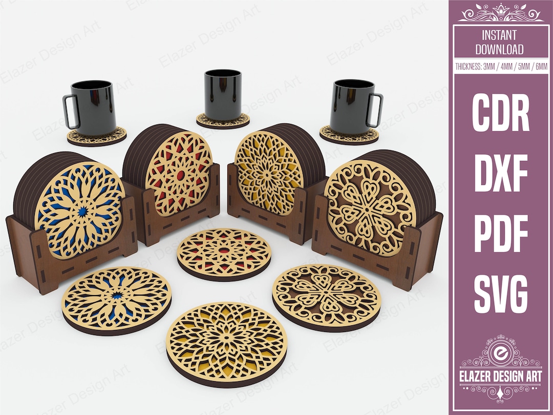 4 Dekorative Muster Boxed Untersetzer Laser Cut SVG-Dateien ...