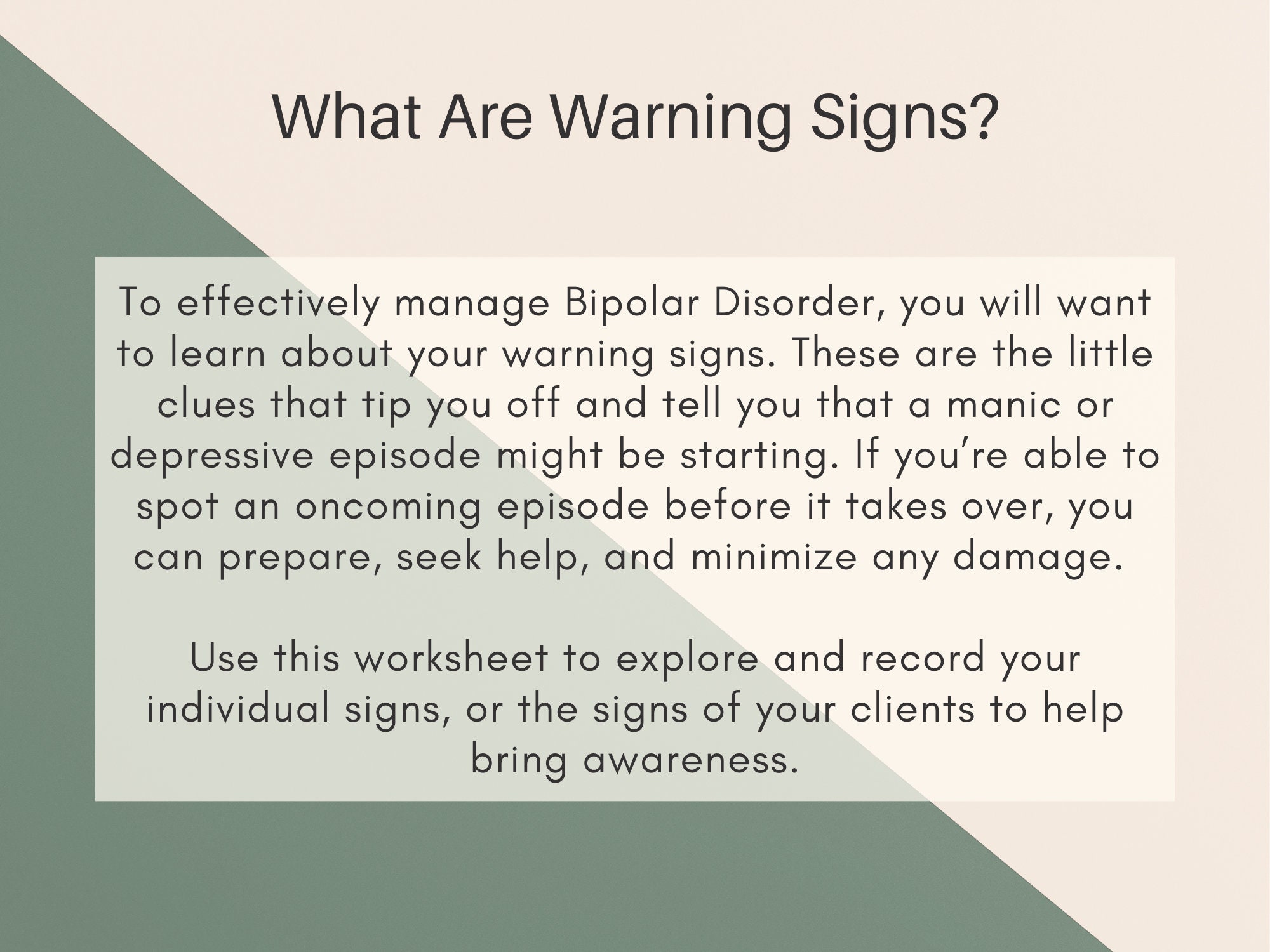 BPD Warning Signs Worksheet, Understanding Bipolar Disorder, Therapy ...