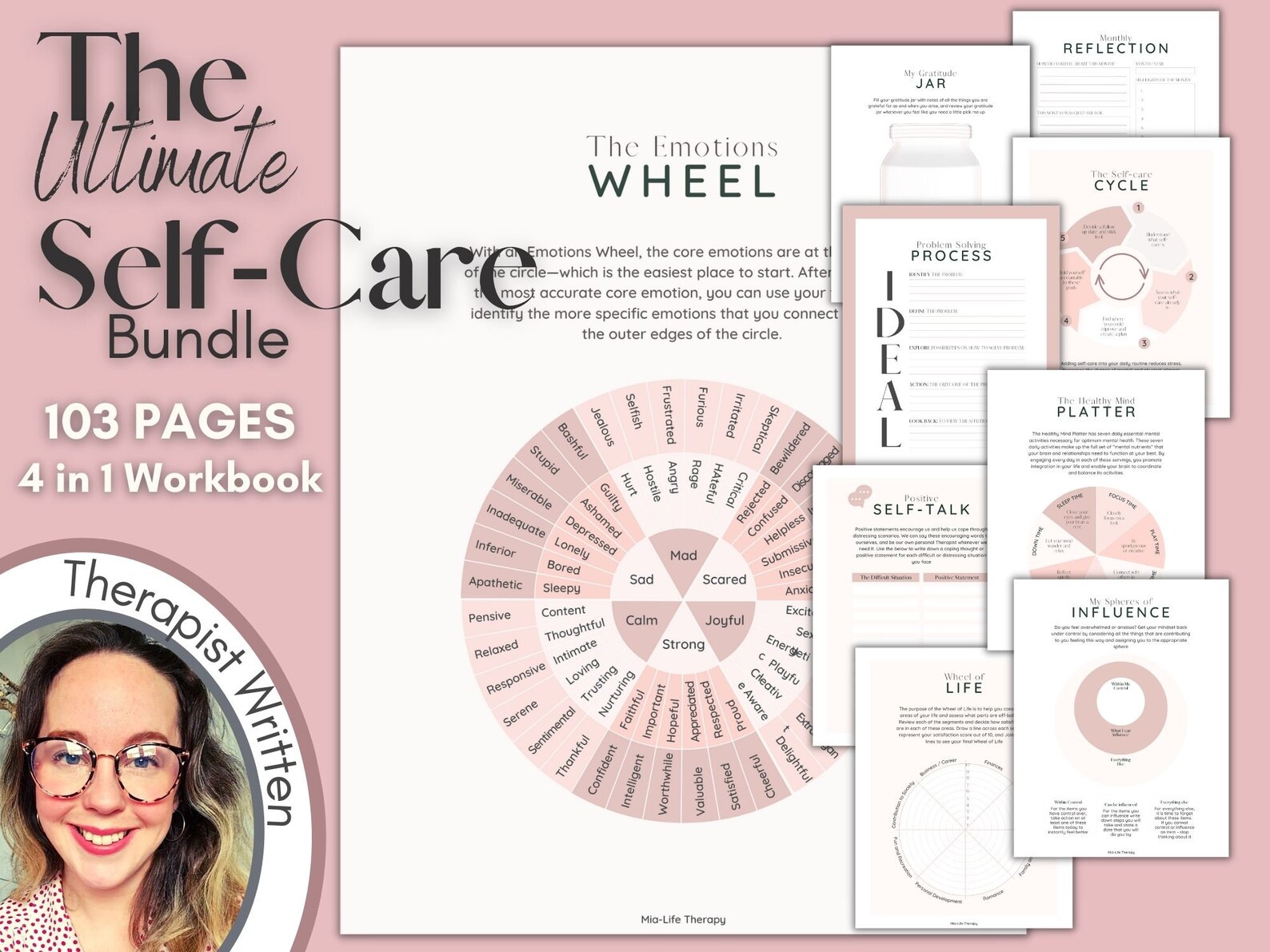 92 Self-care Worksheets, Self-help Workbook, Wheel of Emotion, Therapy ...