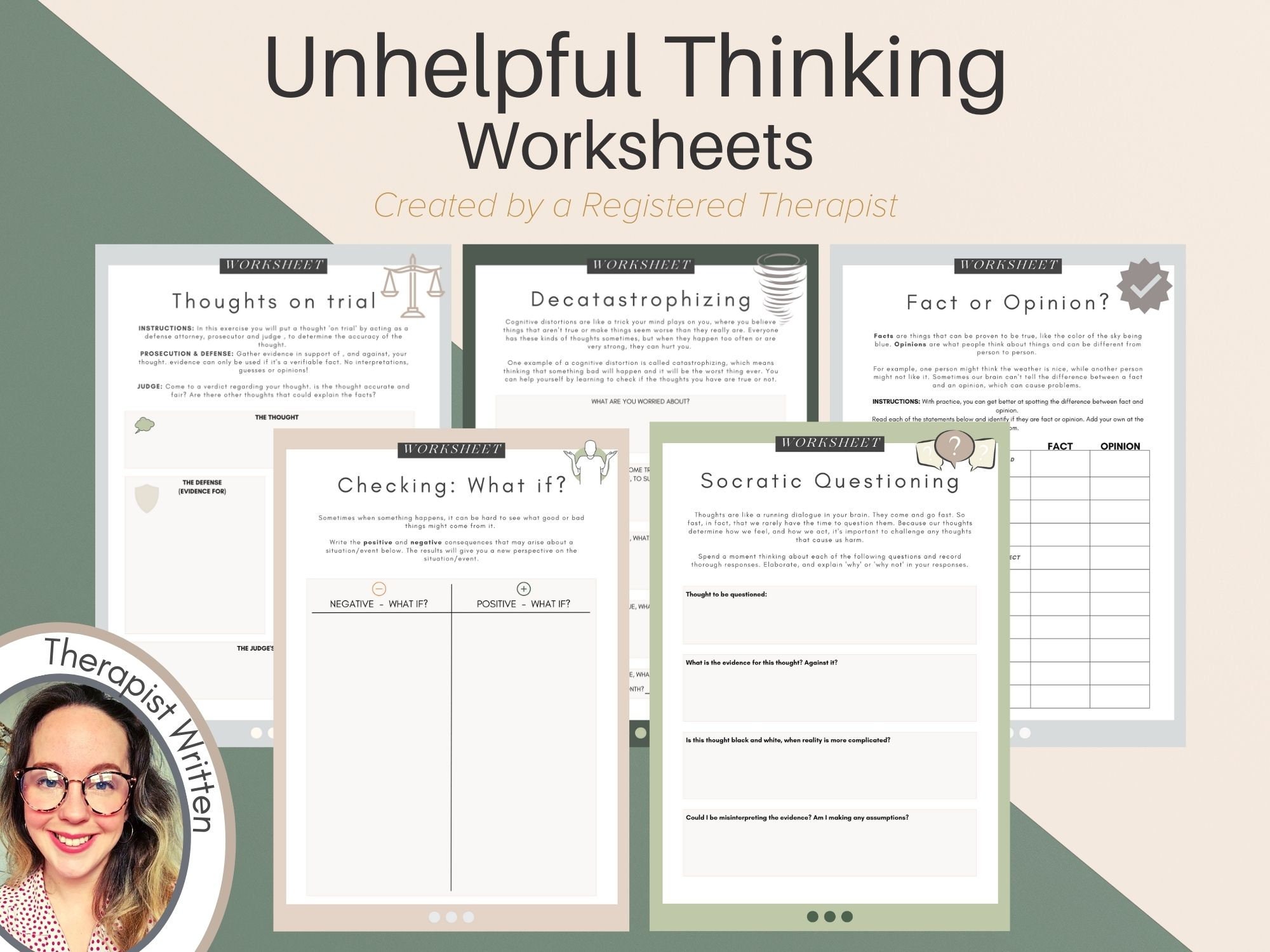 Unhelpful Thinking CBT Tool, 5 Worksheet Pack, Cognitive Behavioral ...